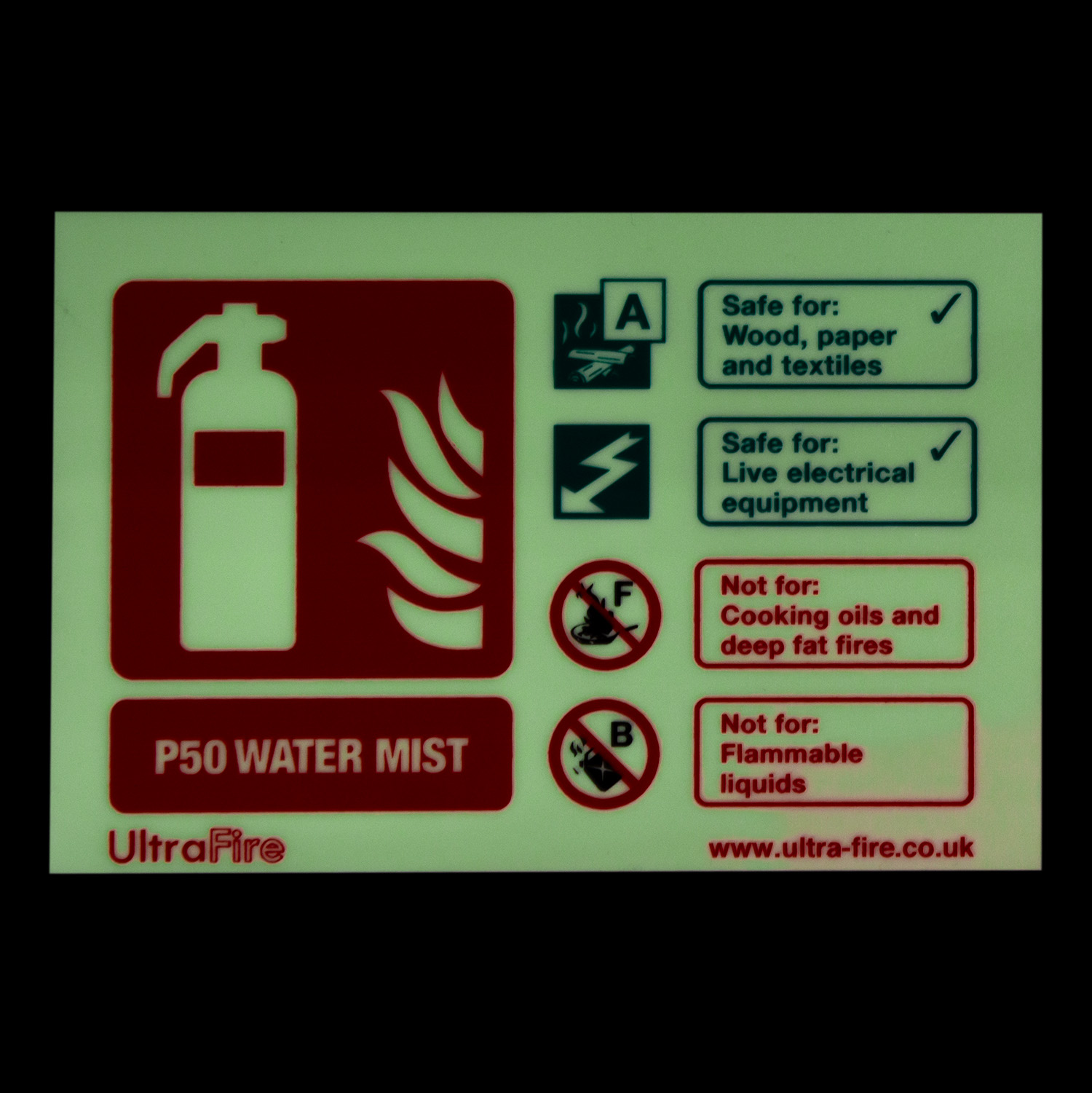 Photoluminescent P50 Water Mist Fire Extinguisher ID Signs Rigid PVC ...